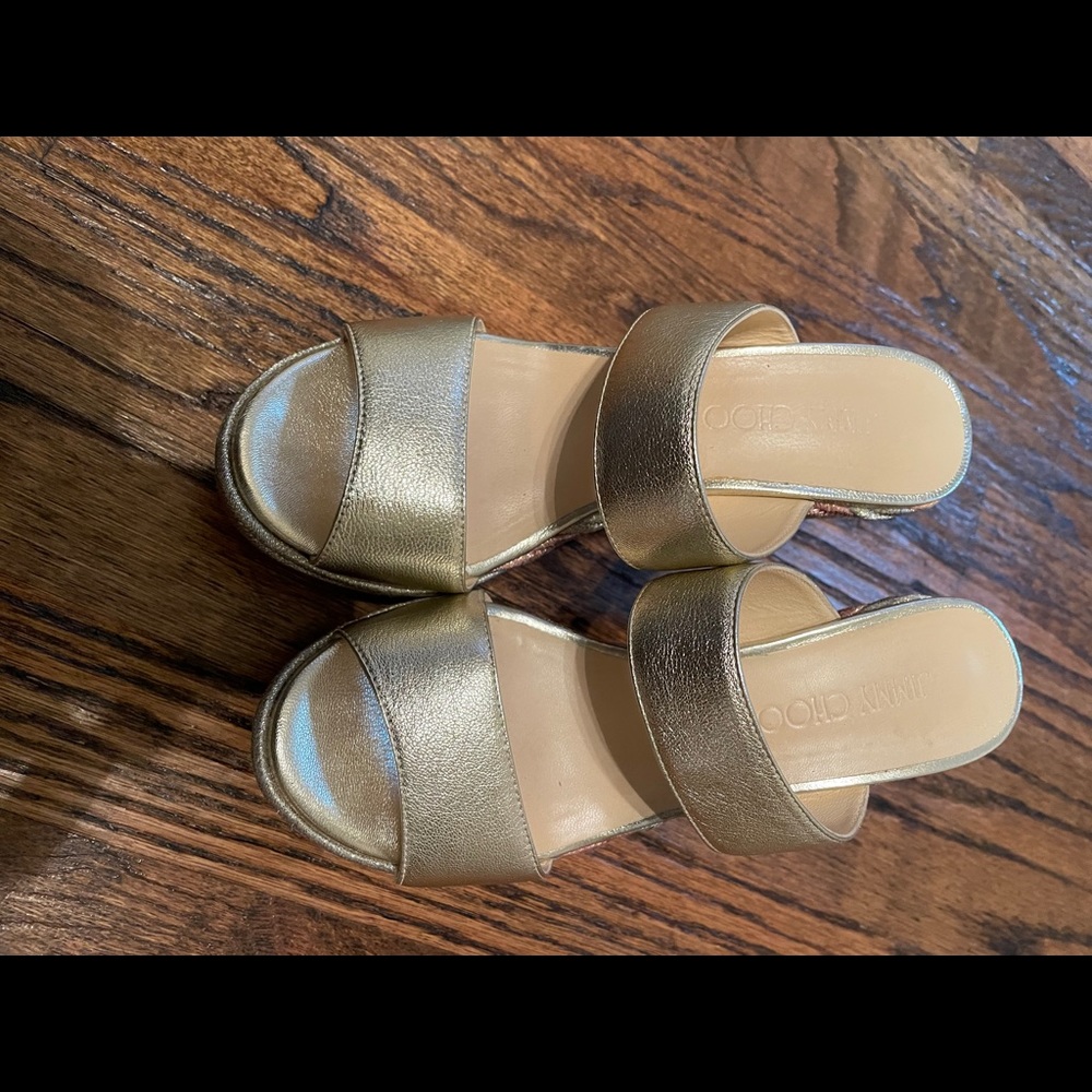Jimmy Choo Platform Wedge Gold Slide Sandals - Gem